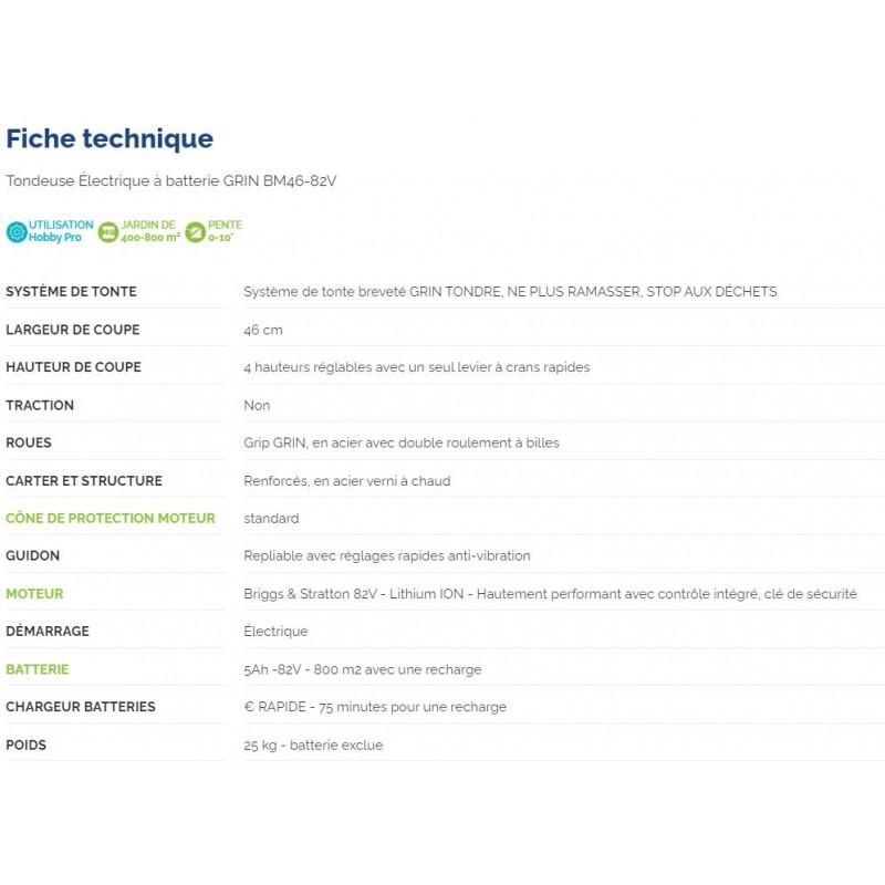 Tondeuse à batterie pouséé Grin BM-46 82V
